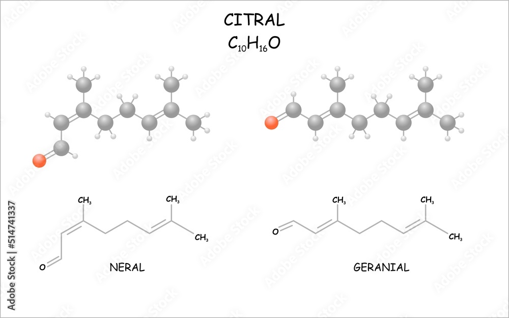 Stylized molecule model/structural formula of citral. Isomer mixture of ...