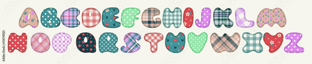 Patchwork hand drawn textile font. Cute textile font for scrapbook or ...
