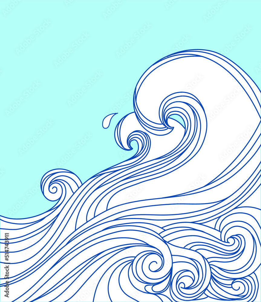 Vector sea waves and sun outline graphic poster illustration. Abstract ...