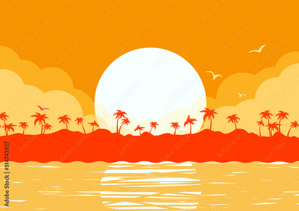 Vector sea waves and sun outline graphic poster illustration. Abstract ...