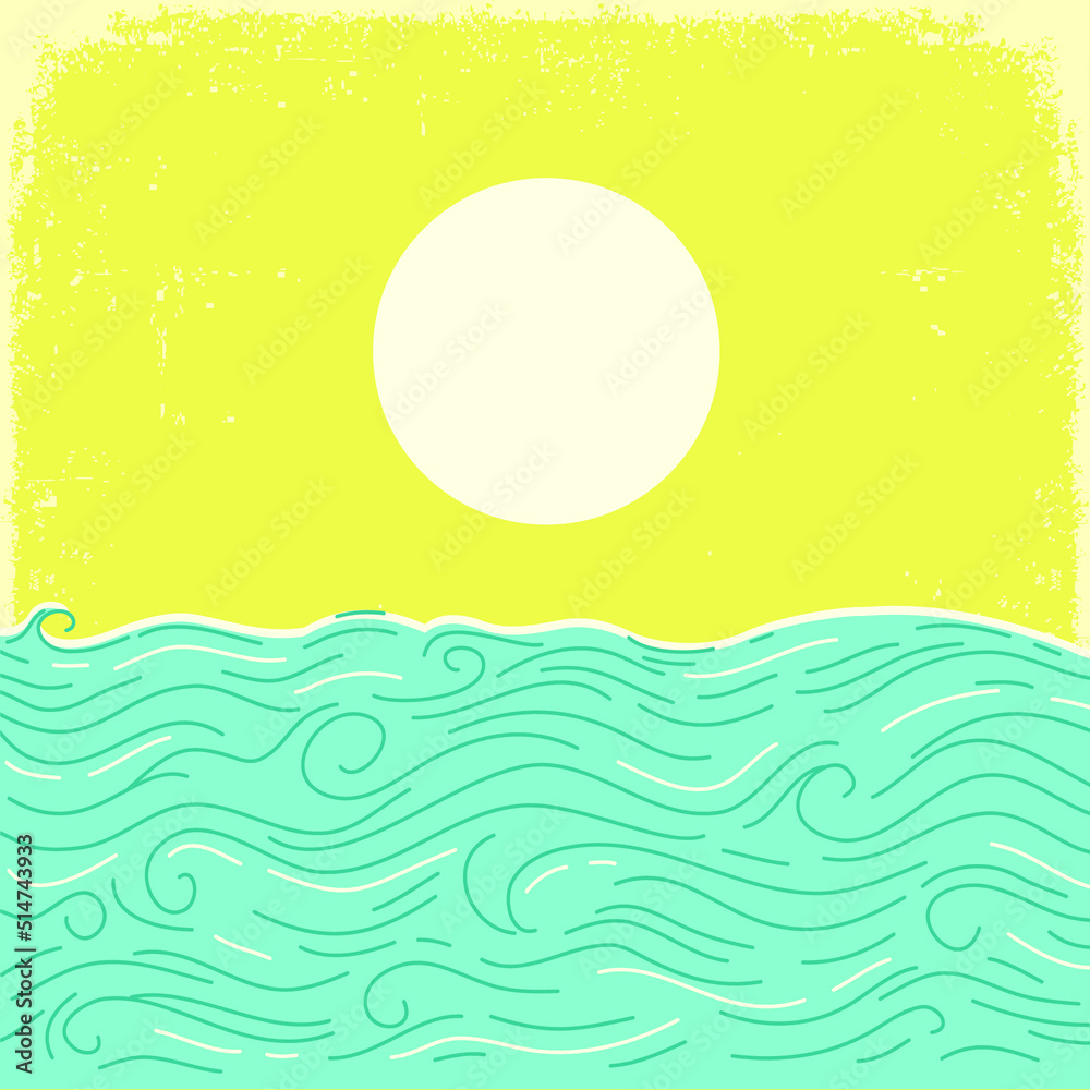 Vector sea waves and sun outline graphic poster illustration. Abstract ...