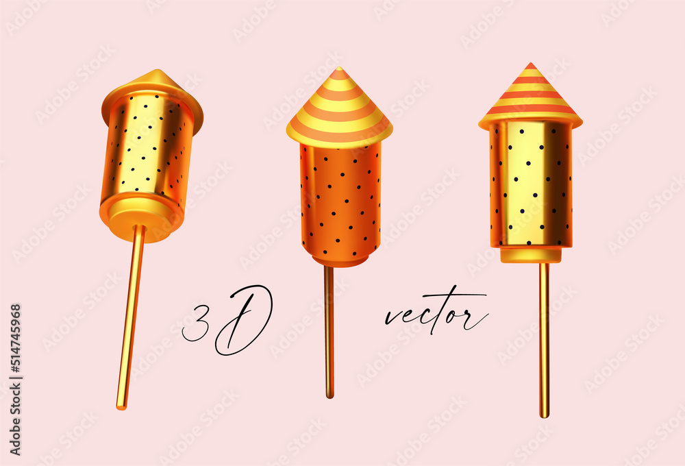 Firework rocket set. 3D rockets in different views Stock Vector | Adobe ...