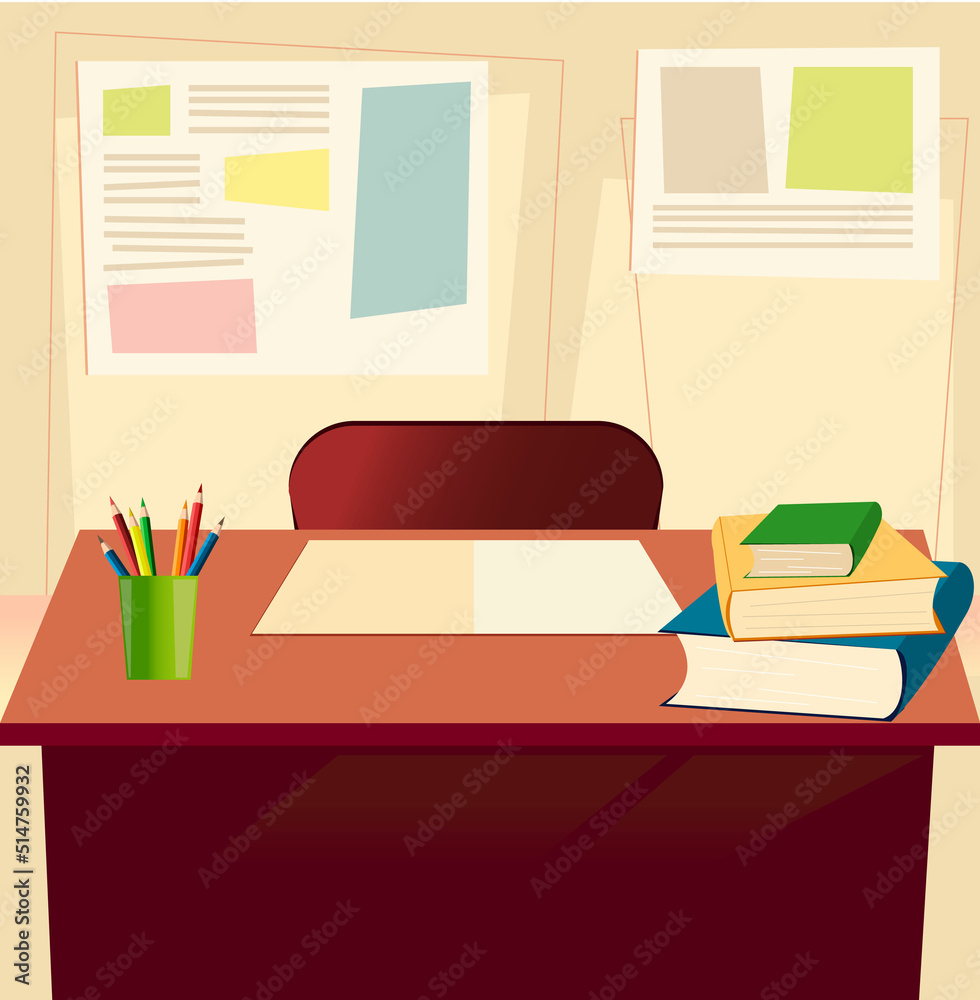 Student table with textbooks, copybook, pensils in elementary school ...