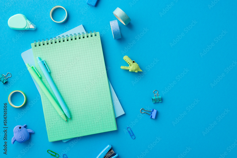 Back to school concept. Top view photo of school supplies notepads pens ...