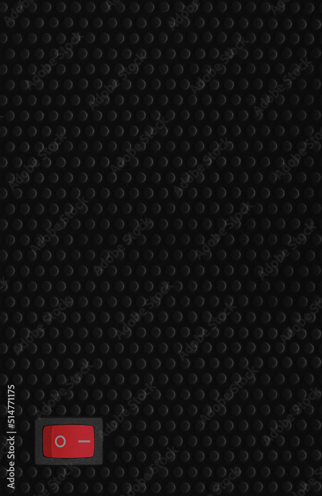 Red rectangle rocker power switch in on position, black abstract dot ...