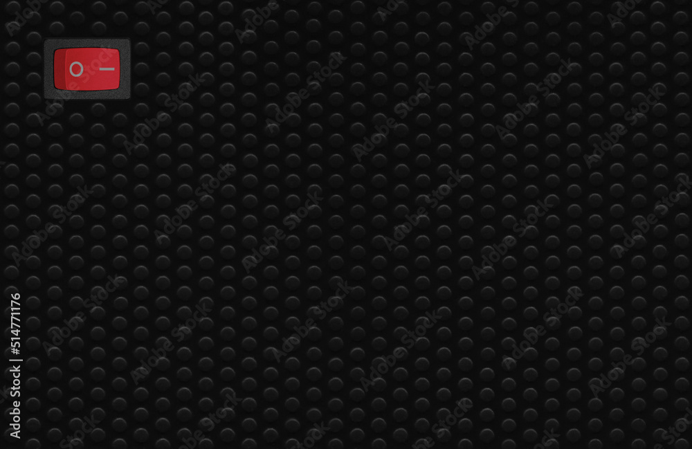 Red rectangle rocker power switch in on position, black abstract dot ...