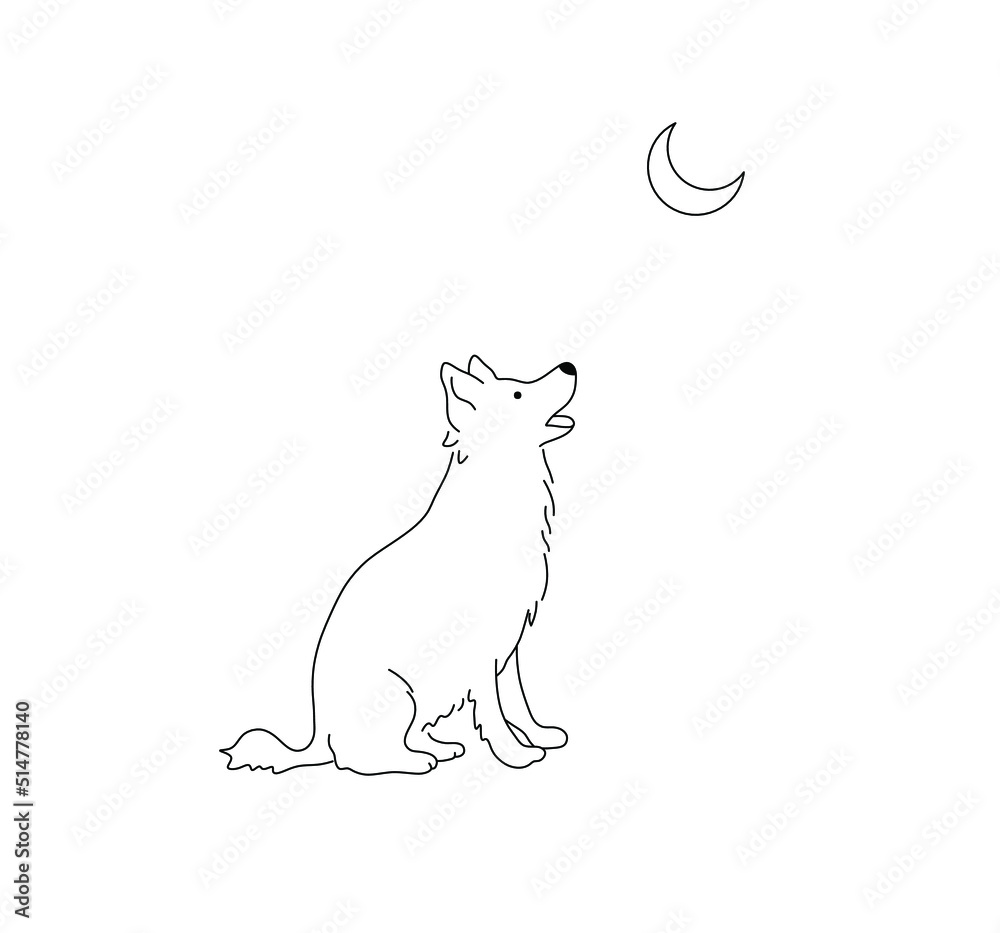 Vector isolated big sitting dog or wolf howling at the crescent moon ...