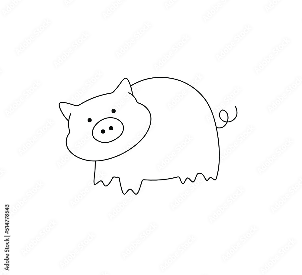 Vector isolated cute cartoon small pig colorless black and white ...