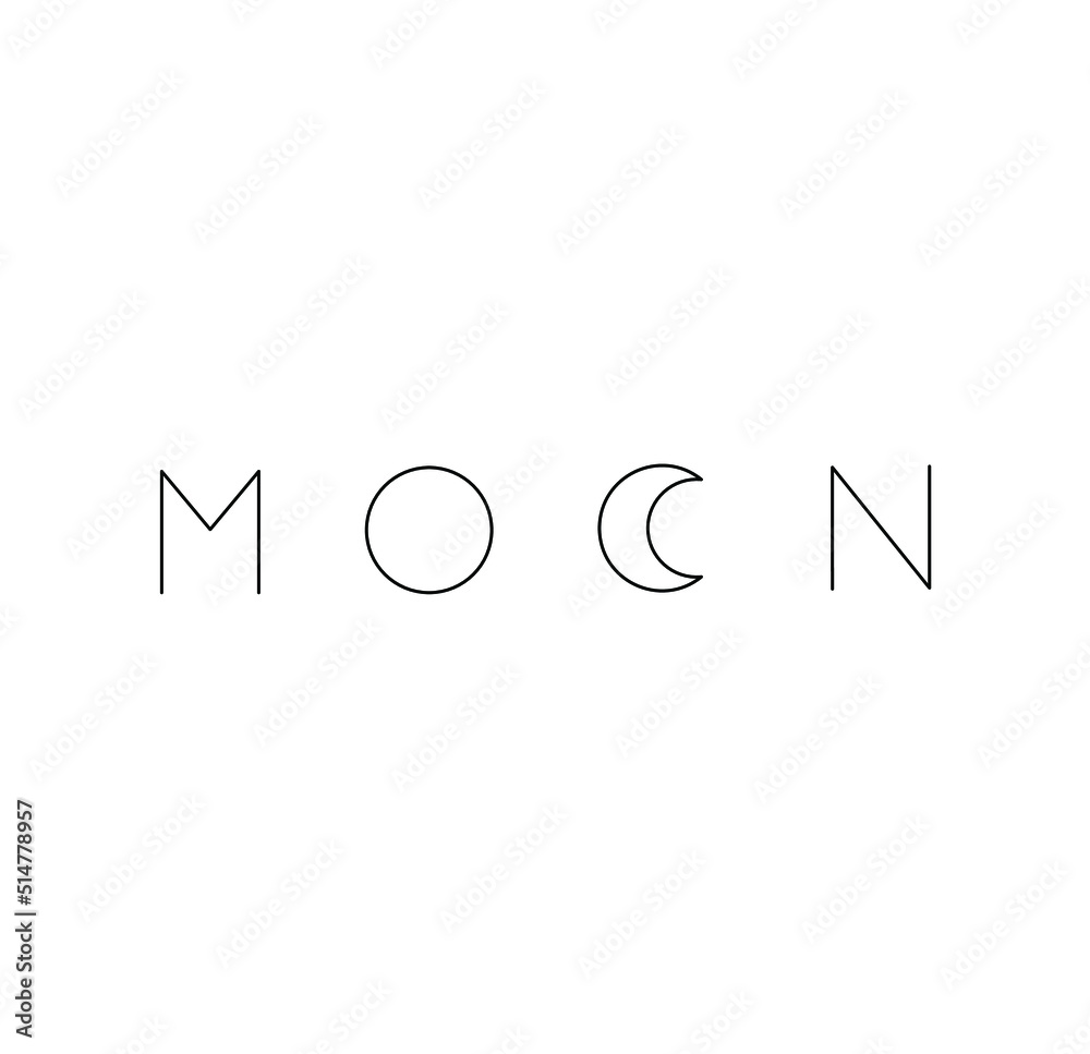 Vector isolated english word moon with crescent moon instead of o ...