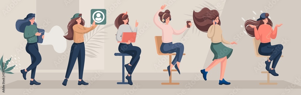 Set of girls with different emotions and movements. Change body parts ...