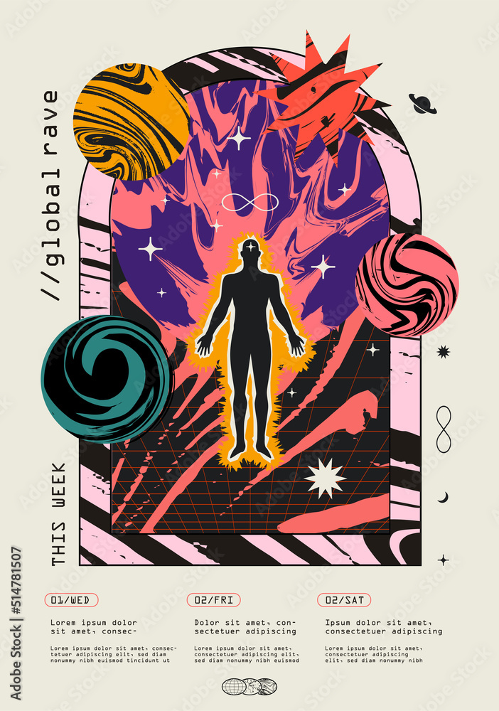 Abstract colorful rave music party design template with human ...