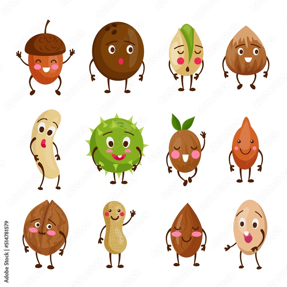 Nut characters. Beans with smiling faces and hands. Peanut and cashew ...