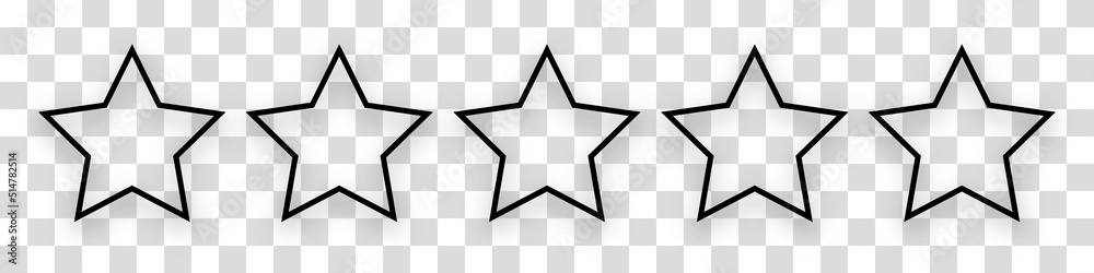 Five black outline stars with a shadow on a transparent background. The ...
