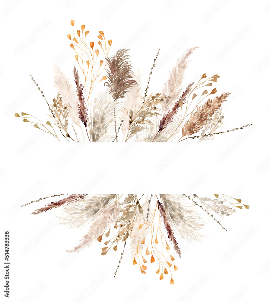Pampas grass boho border painted in watercolor. Floral neutral colors ...