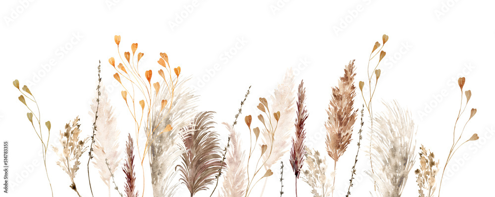 Pampas grass boho border painted in watercolor. Floral neutral colors ...