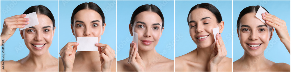 Collage with photos of beautiful woman using mattifying wipe on light ...