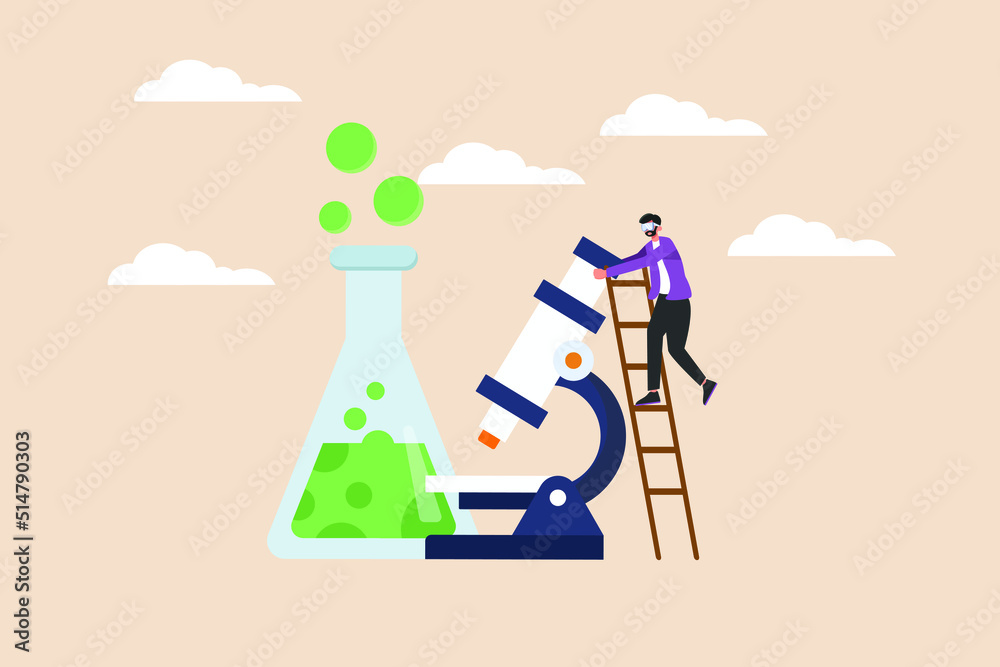 Young boy researchers with ladder using microscope and tube for his ...