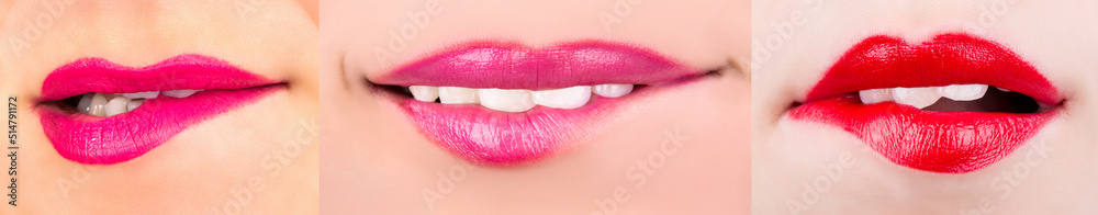 Woman's lip set. Girl mouth close up with red lipstick makeup ...