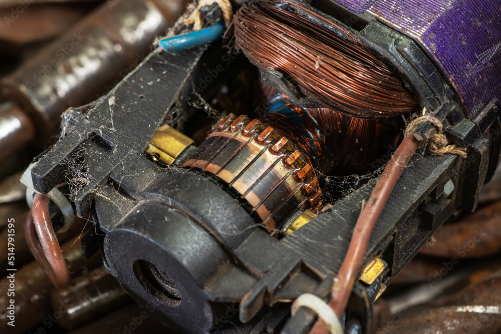 Copper commutator bar of the electric motor close up. Electric motor ...