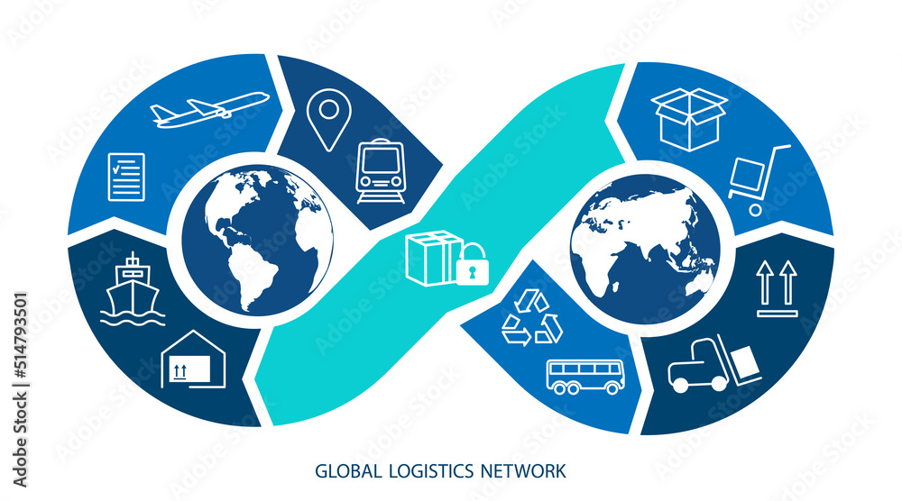 Fototapeta Global logistics network. Map global logistics partnership connection in blue ...