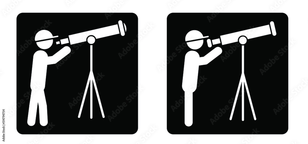 Cartoon stickman, stick figure man looking through telescope to the ...