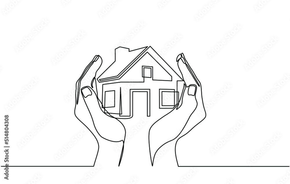 Continuous one line drawing of a hands holding a miniature house. Hand ...