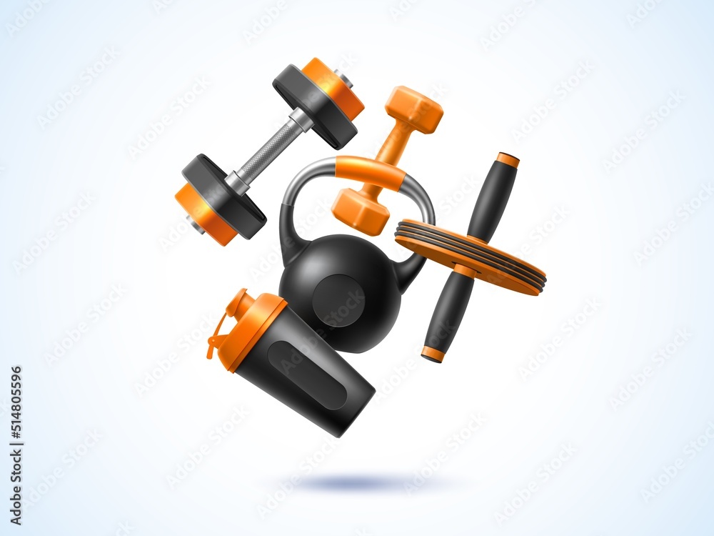 Realistic fitness composition. 3d sport objects, flying elements ...