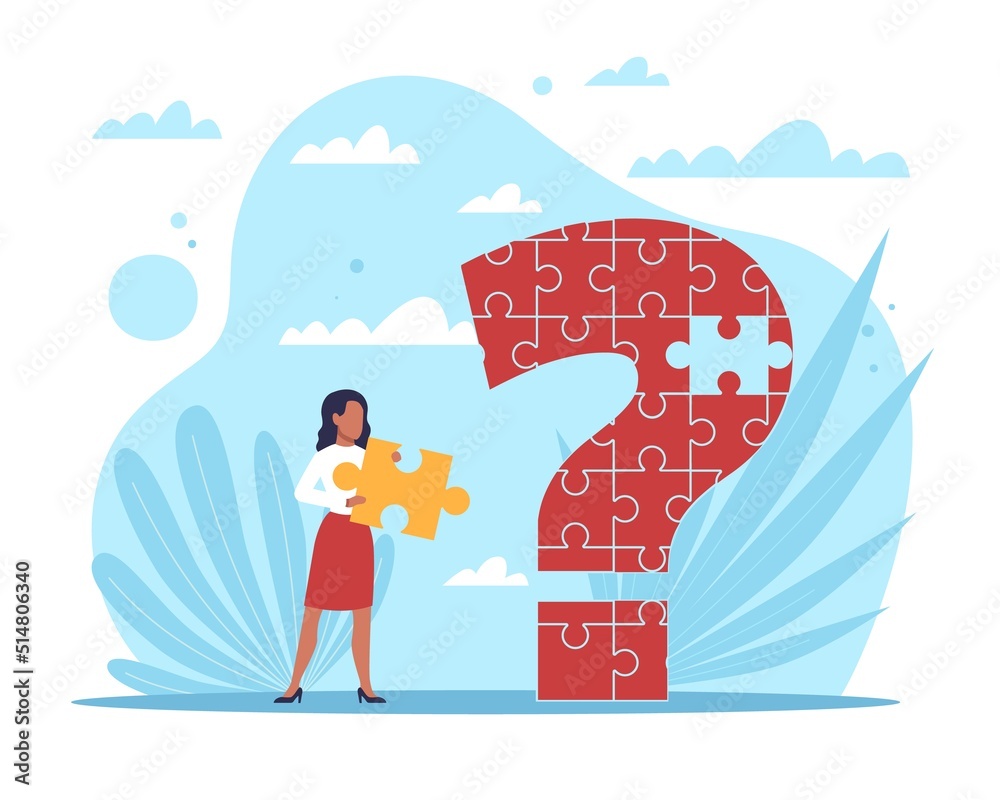 Solution of issue, solve problem. Woman find answer, question sing with ...