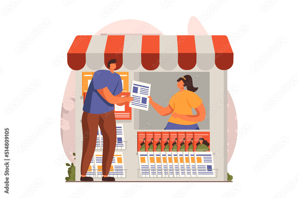 Street shops web concept in flat design. Man buys new newspaper in ...