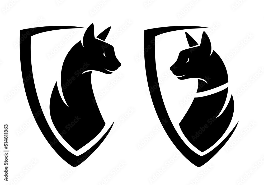 elegant cat head and heraldic shield - pet care insignia badge black ...