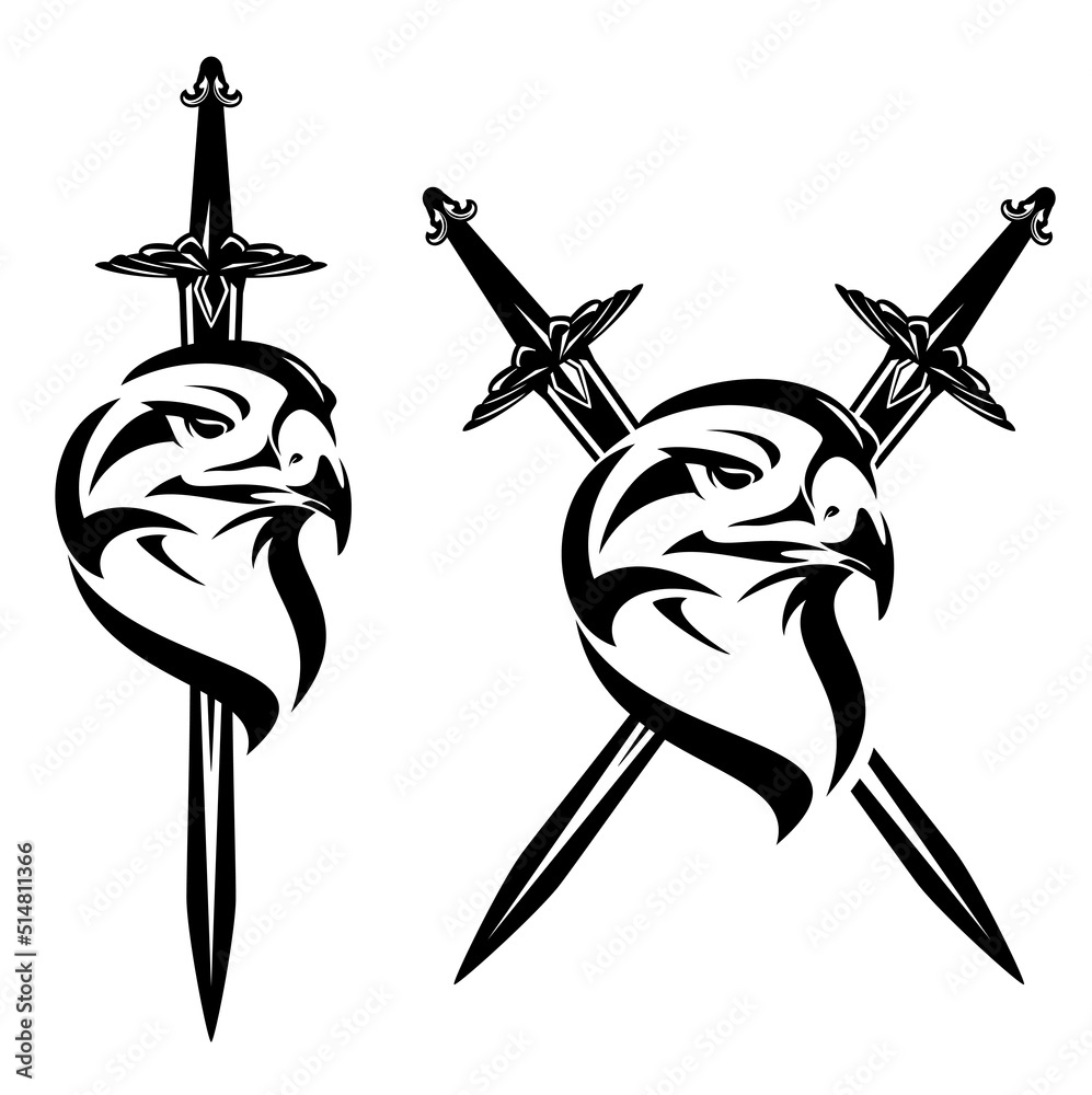 eagle or hawk head with crossed knight swords - medieval style bird of ...