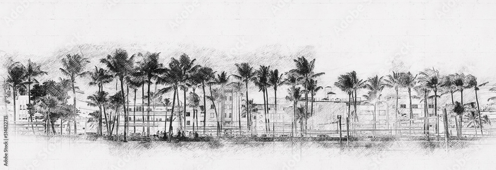 Miami Beach Ocean Drive hotels and restaurants at sunset. City skyline ...