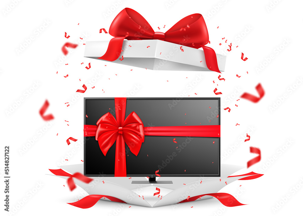Plasma tv with red ribbon and bow inside open gift box. 3D rendering ...