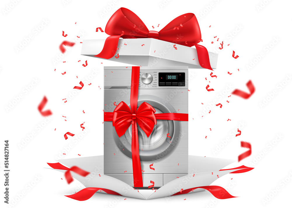 Washing machine with red ribbon and bow inside open gift box. Gift ...