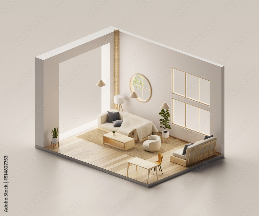 Isometric view living room muji style open inside interior architecture ...