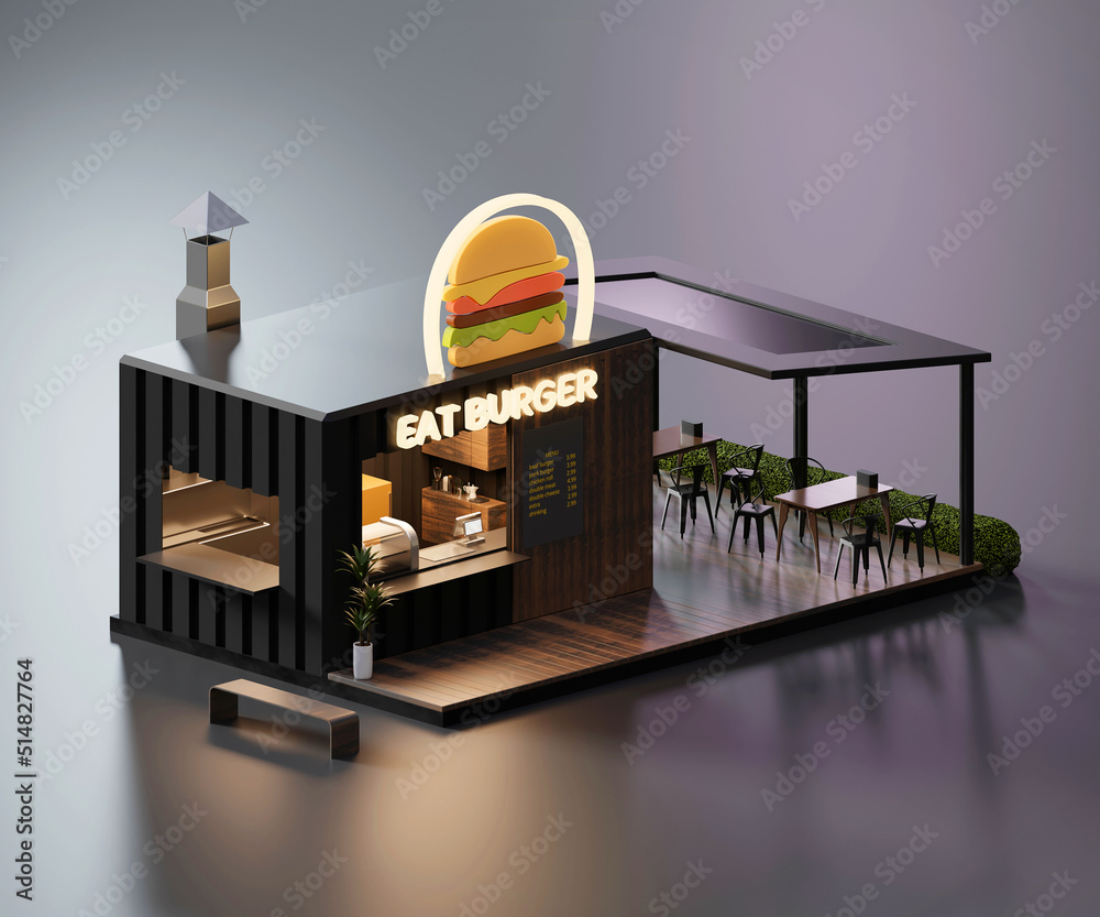 Isometric view minimal burger restaurant container store exterior architecture, 3d rendering ...