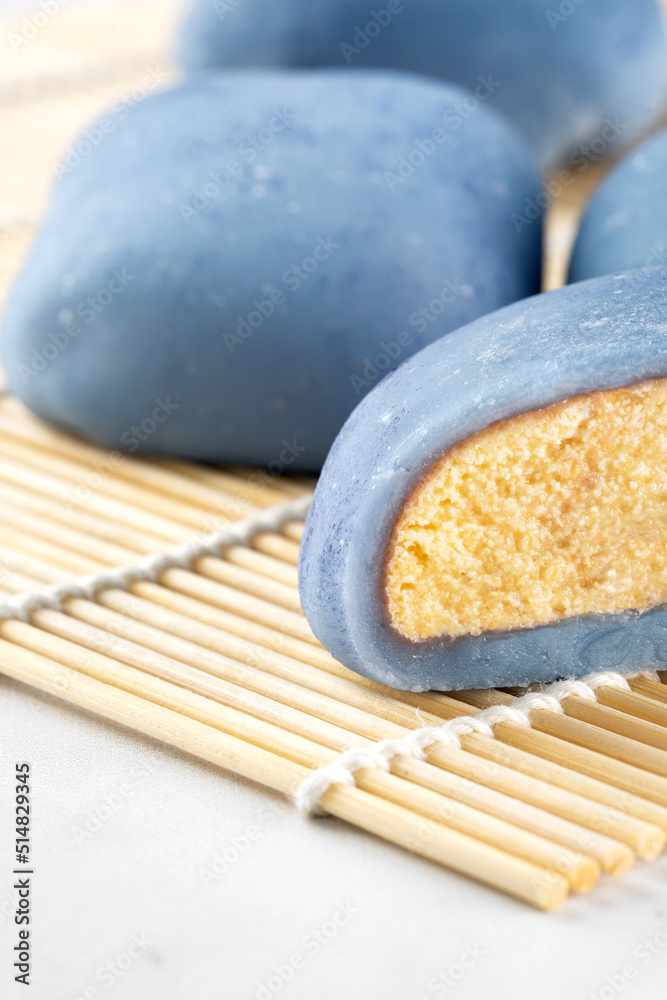 A Japanese mochi on a sudare mat. Concept of a traditional Japanese ...
