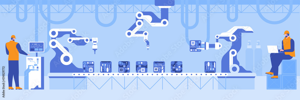Robotized production line at contemporary plant. Flat color vector ...