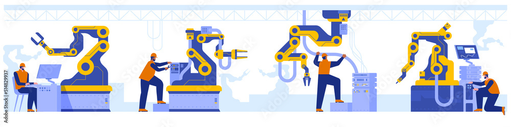 Industrial maintenance. Robotics experts vector illustration. Factory ...