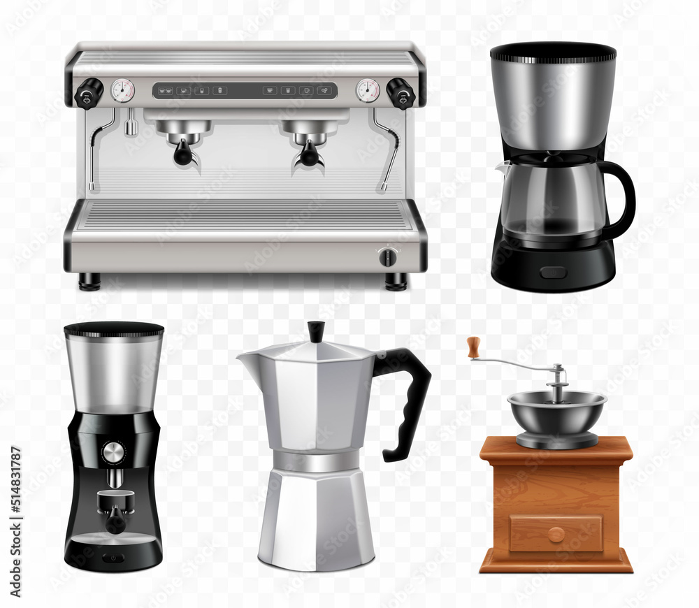 Different types of coffee makers and coffee machines. Coffee maker, professional coffee machine ...