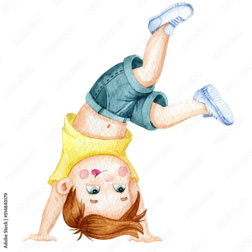 Watercolor kid, playing kid, primary school kid, cute boy having fun ...