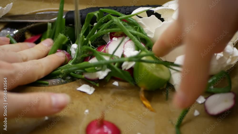 Organic garbage in sink with built-in food waste disposer. vegetable or ...