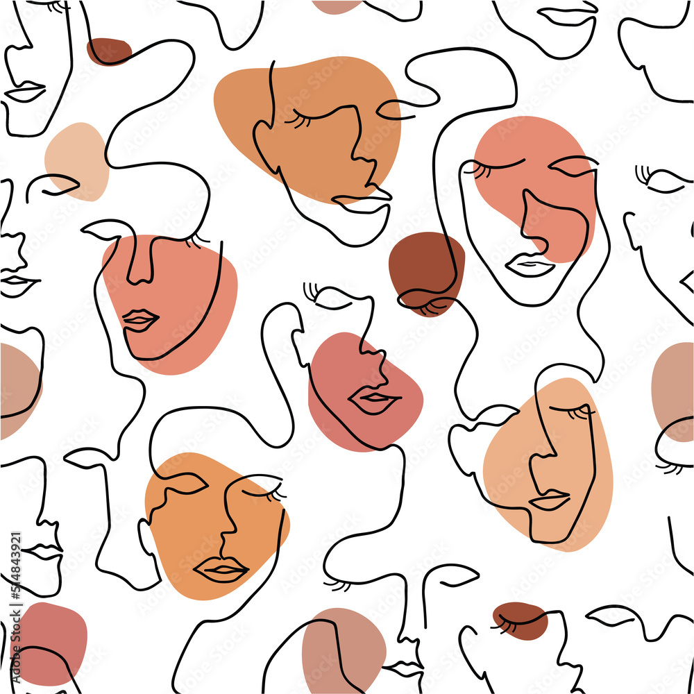 Continuous Line Faces Seamless Pattern Single Line Art Female Face