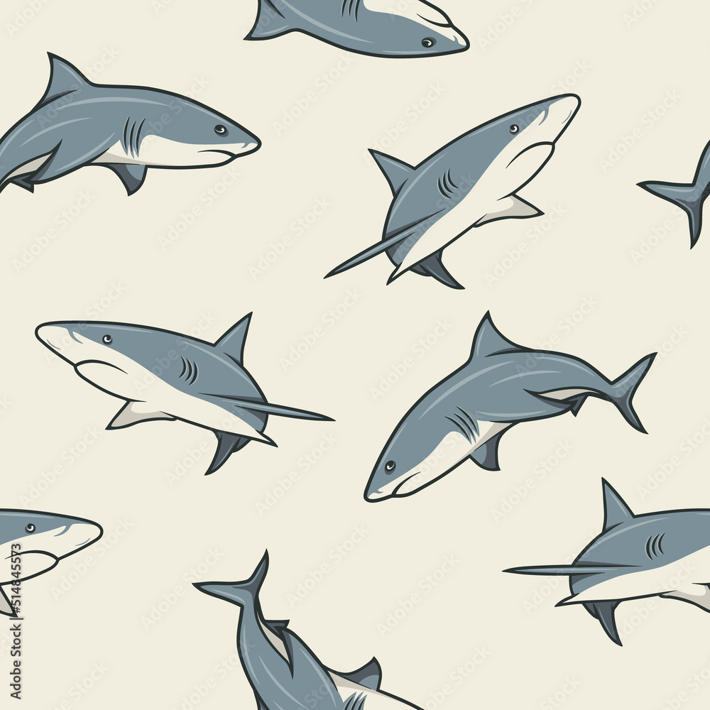Vector Seamless Pattern with Cartoon Sharks. Seamless Texture with Hand ...