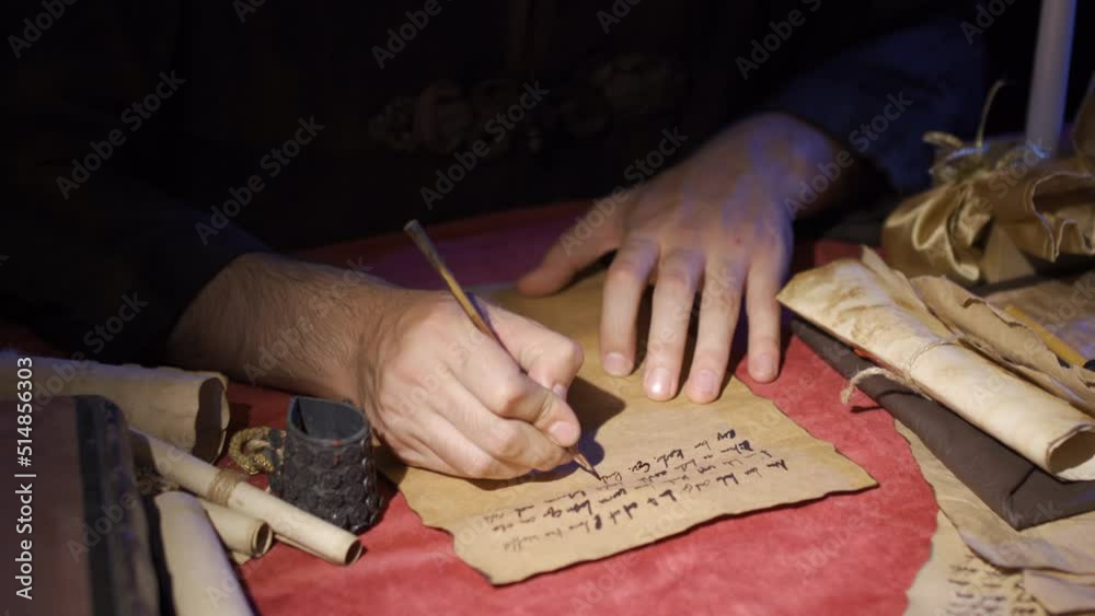 English letter writing in ancient historical place. Man writing letters ...