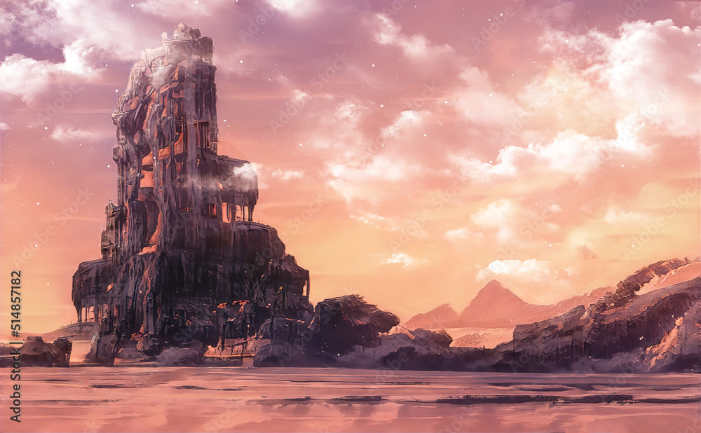 Fantasy futuristic desert landscape, neon sunset, palm trees, clouds ...