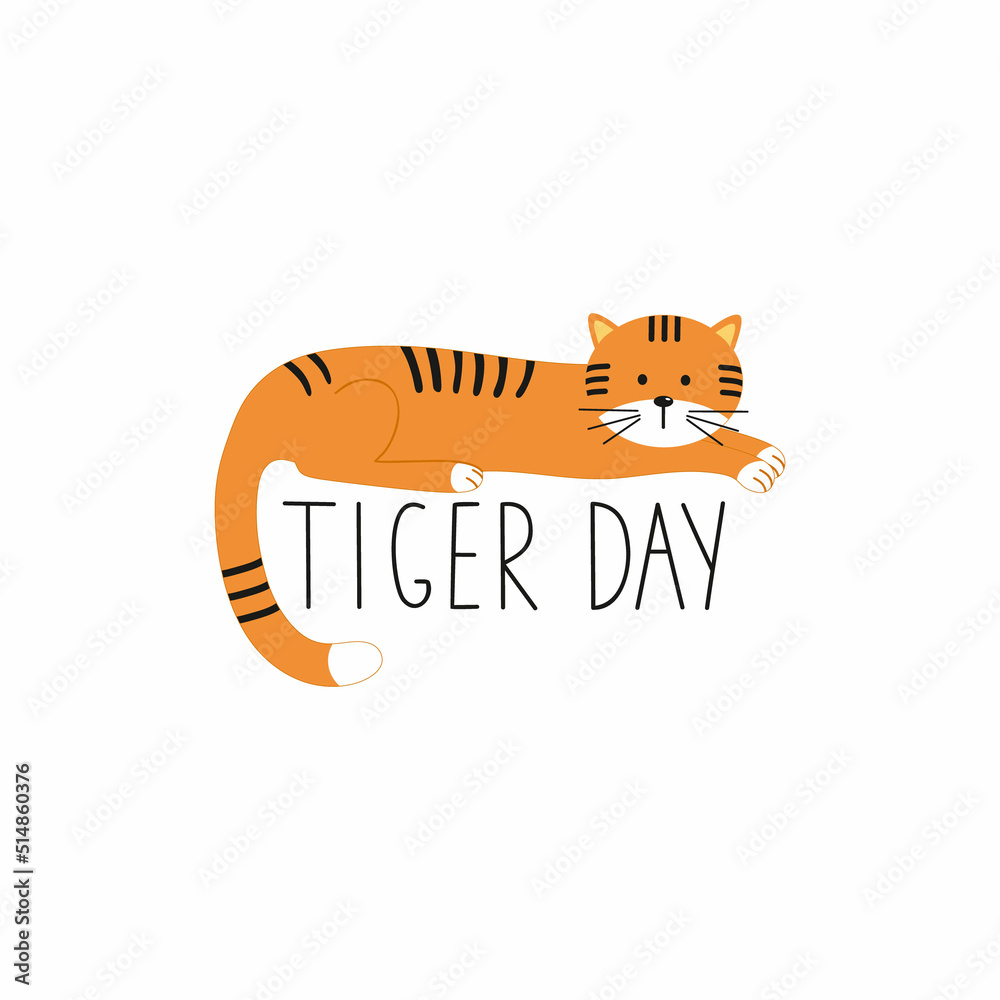 Cute tiger lies on the inscription tiger Day. Vector cartoon ...