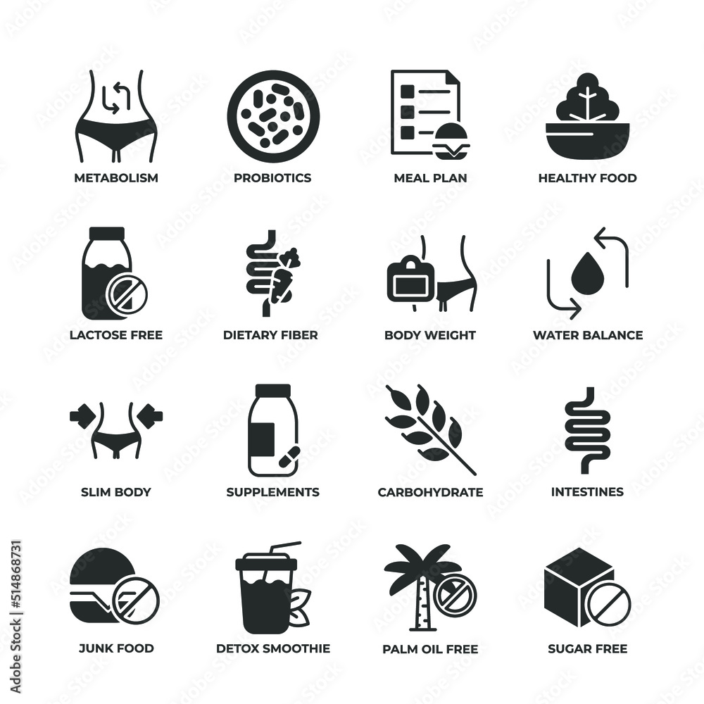 Nutrition vector icons set, modern solid symbol collection, filled ...