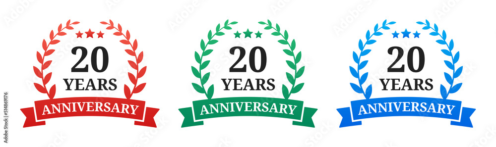 Elegant 20 years anniversary icon vector with ribbon and laurel wreath ...