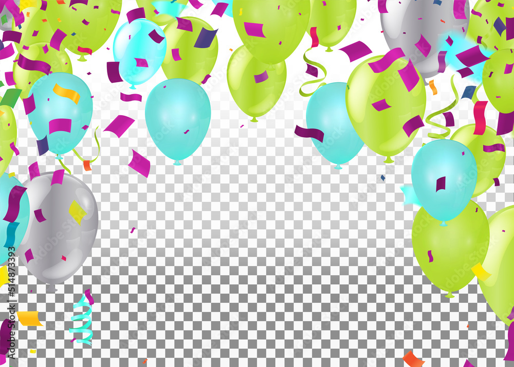 Happy Birthday Card Template with Balloons green and blue , Ribbon ...